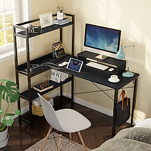 Rolanstar Computer Desk with Shelves, 47 Inch Home Office Desk with Power Outlet, Writing Table Workstation with Monitor Stand and Reversible 4-Tier Bookshelf, Study Corner Desk for Small Space, Black