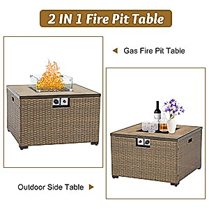 Kinsunny 32 inch Propane Fire Pit - Outdoor Patio Square PE Rattan Wicker Gas Fire Table(40,000 BTU),with Free Lava Rocks & Glass Wind Guard for Garden, Lawn