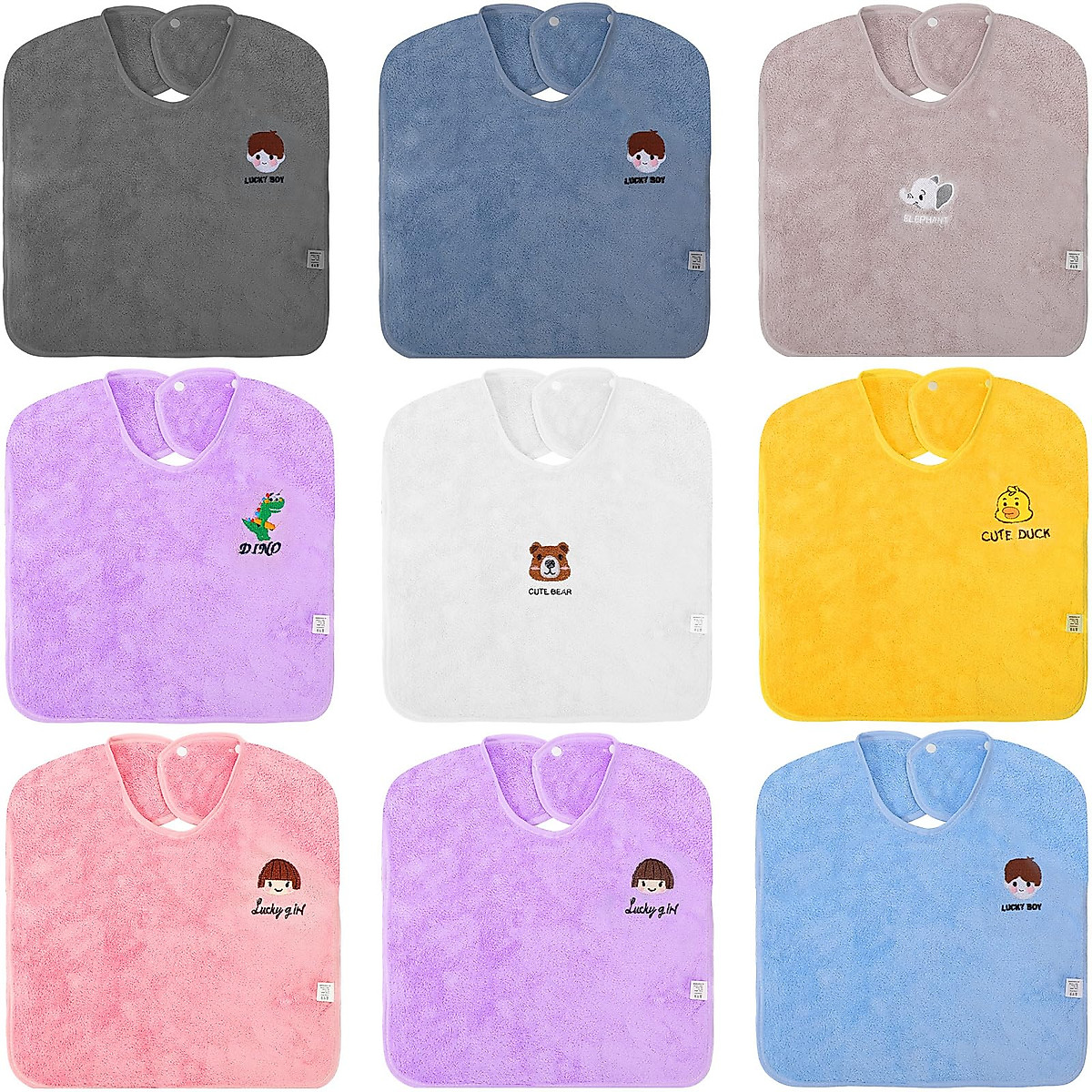 Newwiee 9 Pieces Baby Food Bibs Unisex Toddler Bibs for Feeding Soft Adjustable Large Towel Bibs Water Absorbent Oral Fleece Drooling Bibs with Snaps for Girls Boys Eating Teething, 9 Styles