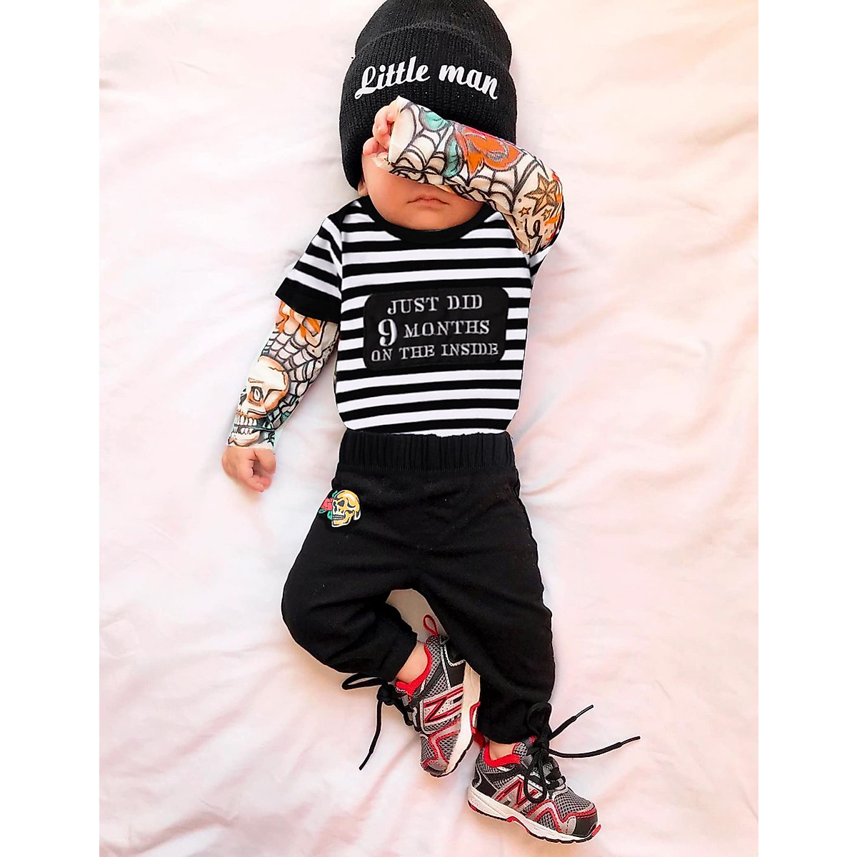 Baby Boy Clothes 0-3 Months Fake Tattoo Sleeve Just Did 9 Months On The Inside Funny Baby Romper Rockabilly Bodysuits +Little Man Hat + Skull Pant 3PCS Outfits Set