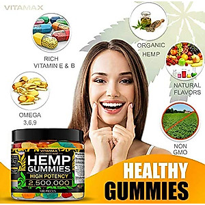 Vitamax Hemp Gummies - Great for Peace & Relaxation - 2,500,000 - Natural Fruit Flavors Tasty Relief – Made in USA – Relaxing Gummies – 100ct