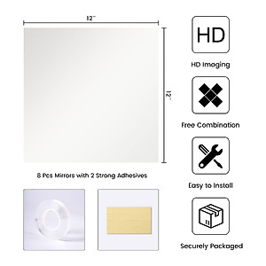 FOLUVUR Full Length Square Mirror with Sticker, 12x12, 8PCS, Wall Mount, Home Mirror
