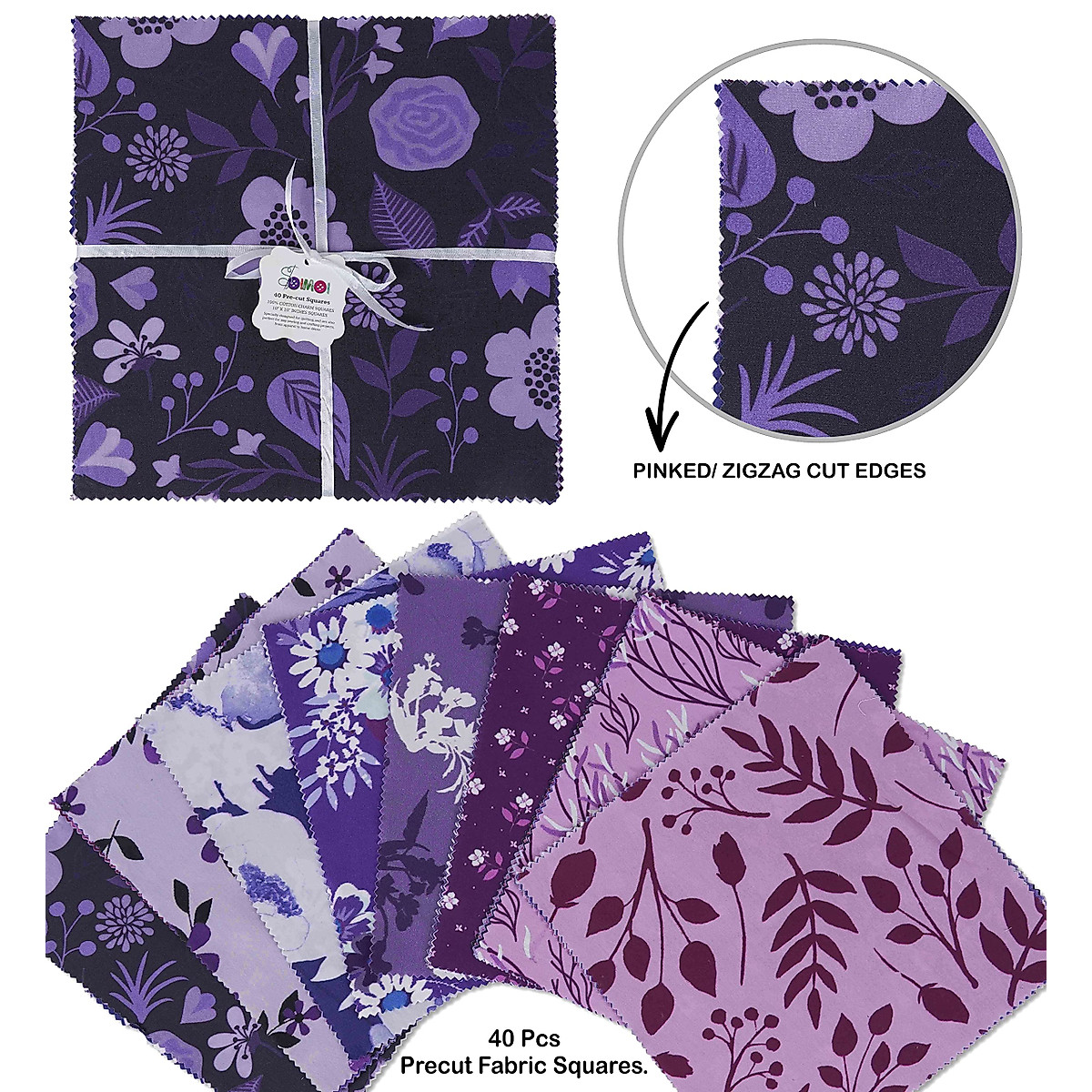 Soimoi Precut 10-inch Florals Prints Cotton Fabric Bundle Quilting Squares Charm Pack DIY Patchwork Sewing Craft- Purple