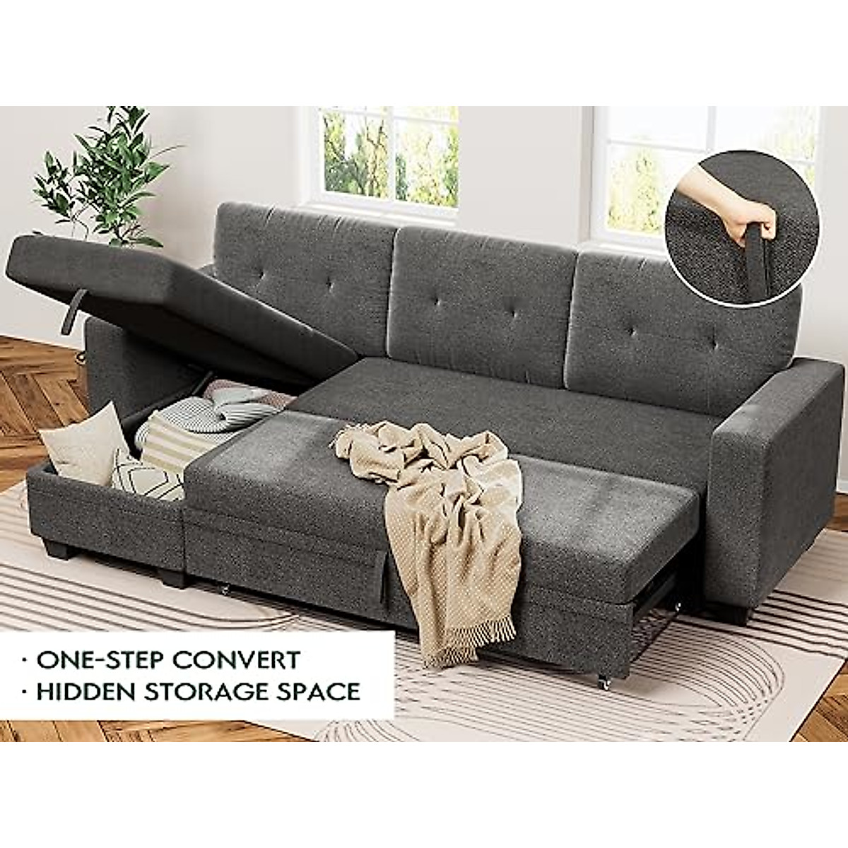 YESHOMY Sofa Bed Reversible Convertible Sleeper Pull Out Couches with Storage Chaise, Linen Fabric Furniture for Living Room, Bedroom, Apartment, Dark Gray