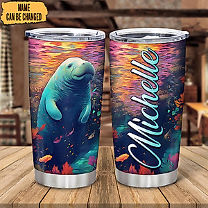 Hyturtle Personalized Gifts Manatee Lover - Manatees Printed Customized Name Stainless Steel Tumbler 20 oz With Lid - Idea Cute Sea Animal Lover Gifts For Women, Girl, Kids On Birthday, Christmas