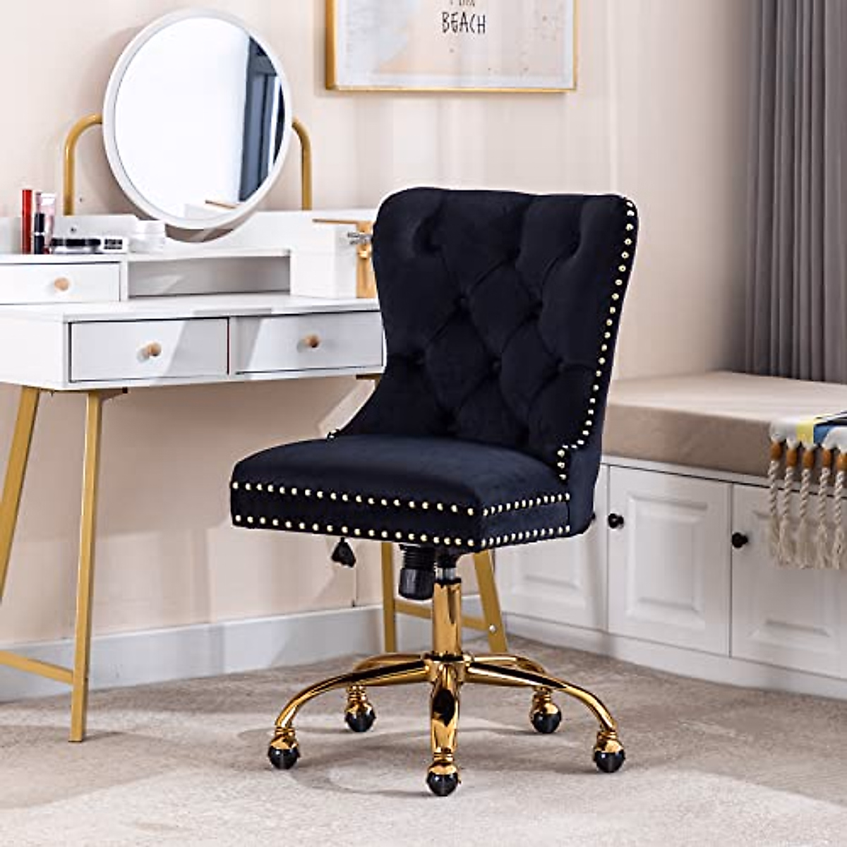 QUINJAY Velvet Home Office Desk Chair, Upholstered Adjustable Swivel Desk Chair with Gold Base, Tufted Study Desk Chair with Comfy High Back for Teens Study Makeup Black