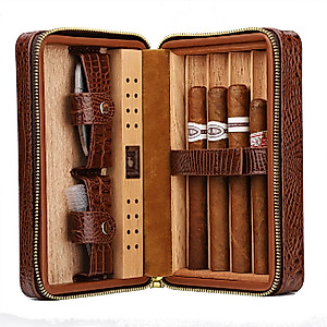 TIME C Club 4-Finger Portable Travel Crocodile Skin-Style Burgundy Leather Cigar Case, Cigar Humidor, Cigar Cutter and Humidifier, Father's Day, Birthday Gift