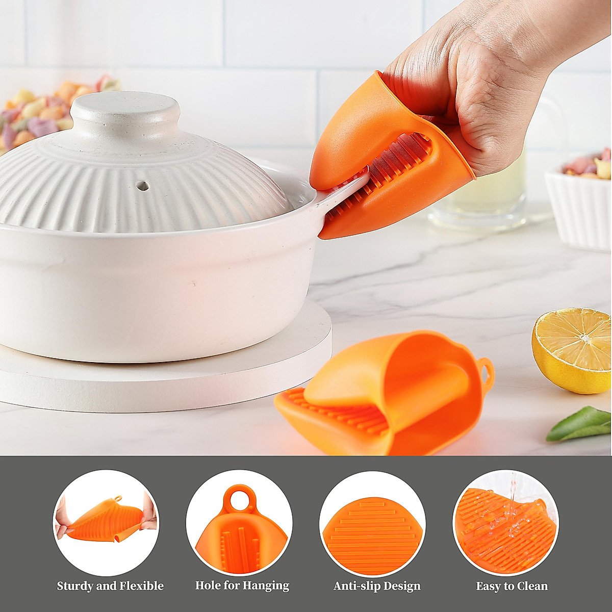 2 Pair Silicone Mini Oven Mitts, Kaloo Heat Resistant Cooking Pinch Mitts Potholder for Kitchen Cooking & Baking (Orange and Red)