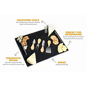 Slate Cheese Board - 7 pc Serving Tray Set 16"x12" Large - Stainless Steel Handles - Soapstone Chalk - 4 Cheese Knives - Foam Protective Feet by Proper Goods