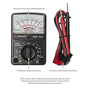 Gardner Bender GMT-312 Analog Multimeter, 5 Function / 12 Range, 300V AC/DC, for AC / DC Voltage & Current, Resistance, Continuity & Batteries , Black