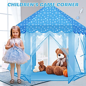 Blue Princess Tent Girls Large Playhouse Kids Castle Play Tent with Star Lights Toy for Children Indoor and Outdoor Games for Ages 3 4 5 6 Year Old