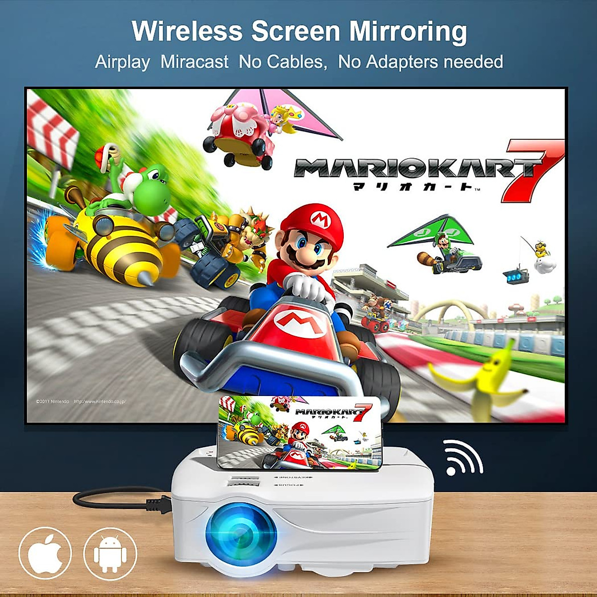 Laptop WiFi Projector Computer Portable Projector 1080P 7500L Video Movie Outdoor Home Cinema HDMI Multimedia 120" Keystone Correction Compatible with Smartphone EXCEL PPT iOS Android （White）