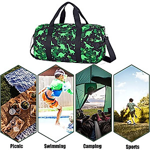 Duffle Bag for Kids Travel Overnight Bags Boys Sport Gym Bag with Shoe Compartment & Wet Pocket, Small Carry-On Size & Ideal for School Practice or Weekender Travel Bag （Green DInosaur）