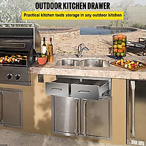 Mophorn 30" W x 10" H x 20" D Horizontal Double Access Stainless Steel with Handle BBQ Island Drawers for Outdoor Kitchens or Patio Grill Station, 30W x 10H x 20D Inch
