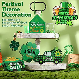 4 Pcs St. Patrick's Day Table Wooden Signs House Pot Truck Lucky Shamrock Wooden Signs Buffalo Plaid Freestanding Irish Decor for St Patricks Day Tiered Tray Desk Office Home Party Decor, 4 Styles