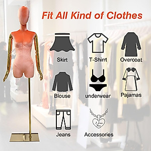 JELIMATE Female Mannequin Torso with Stand Velvet Fabric Display Retail Mannequins Dress Form Model for Boutique Display Manikin with Golden Arms