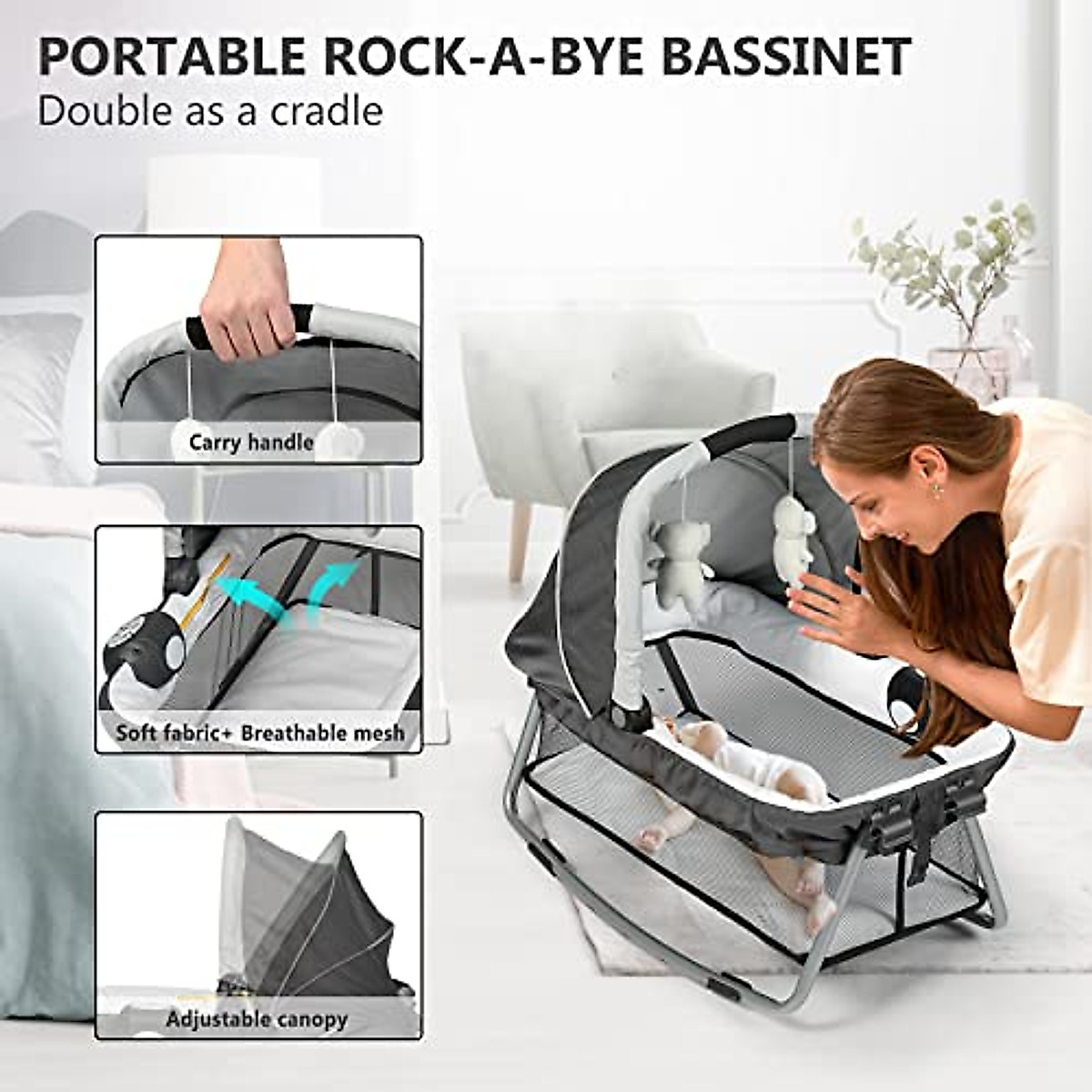 Kinder King 5 in 1 Portable Nursery Center, Foldable Playard for Baby & Toddler, Infant Pack n Play w/Bassinet, Mattress, Newborn Changing Table, Cradle, Travel Bag, Music Box, Storage Basket, Grey