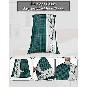 Edwiinsa Teal Plaid Pillow Covers Standard Size Set of 2 20x26 Bed Pillow, Turquoise Rustic White Live Love Laugh Plush Soft Comfort for Hair/Skin Cooling Pillowcases with Envelop Closure