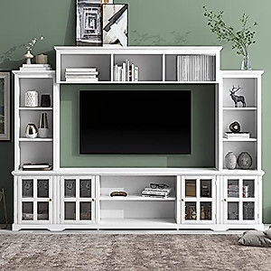 Aiuyesuo Minimalism Style Entertainment Wall Unit with Bridge, Modern TV Console Table for TVs Up to 70", Multifunctional TV Stand with Tempered Glass Door, Perfect for Any Home Décor (White-QA009)