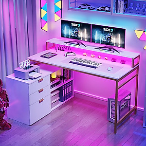 YITAHOME L Shaped Desk with Power Outlets and LED Lights, 55" Computer Desk with Drawers, Corner Office Desk with File Cabinet for Home Office, White & Gold