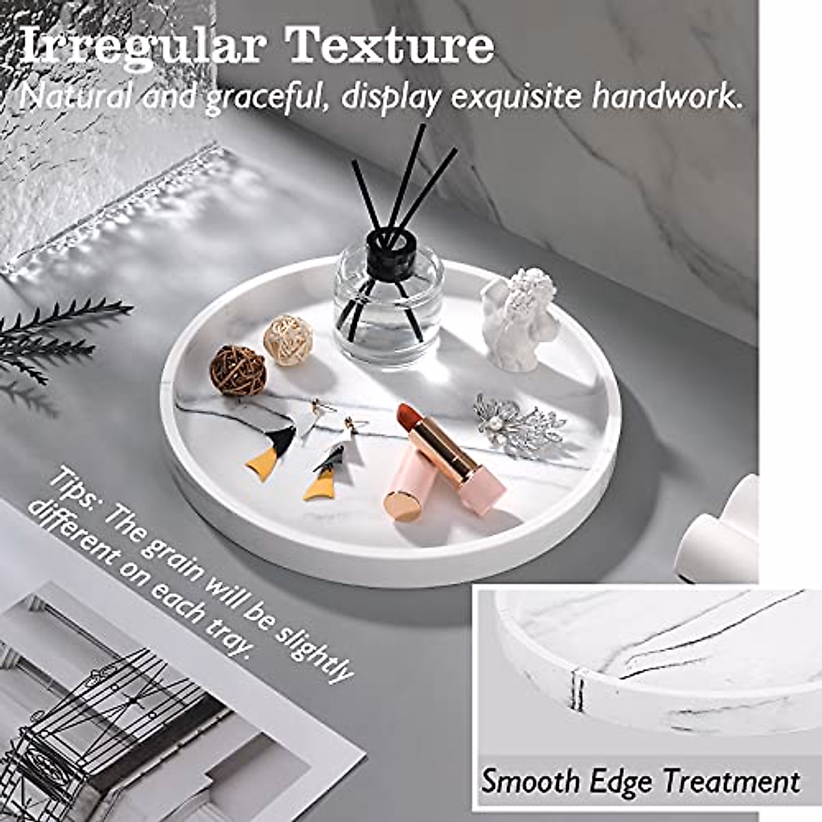 Emibele Vanity Tray, Resin Round Tray Decorative Storage Organizer for Bathroom Toilet Tank Bedroom Kitchen Countertop, Jewelry Storage Dresser Tray for Candle, Lotion Bottle, Cosmetics, Gravel White