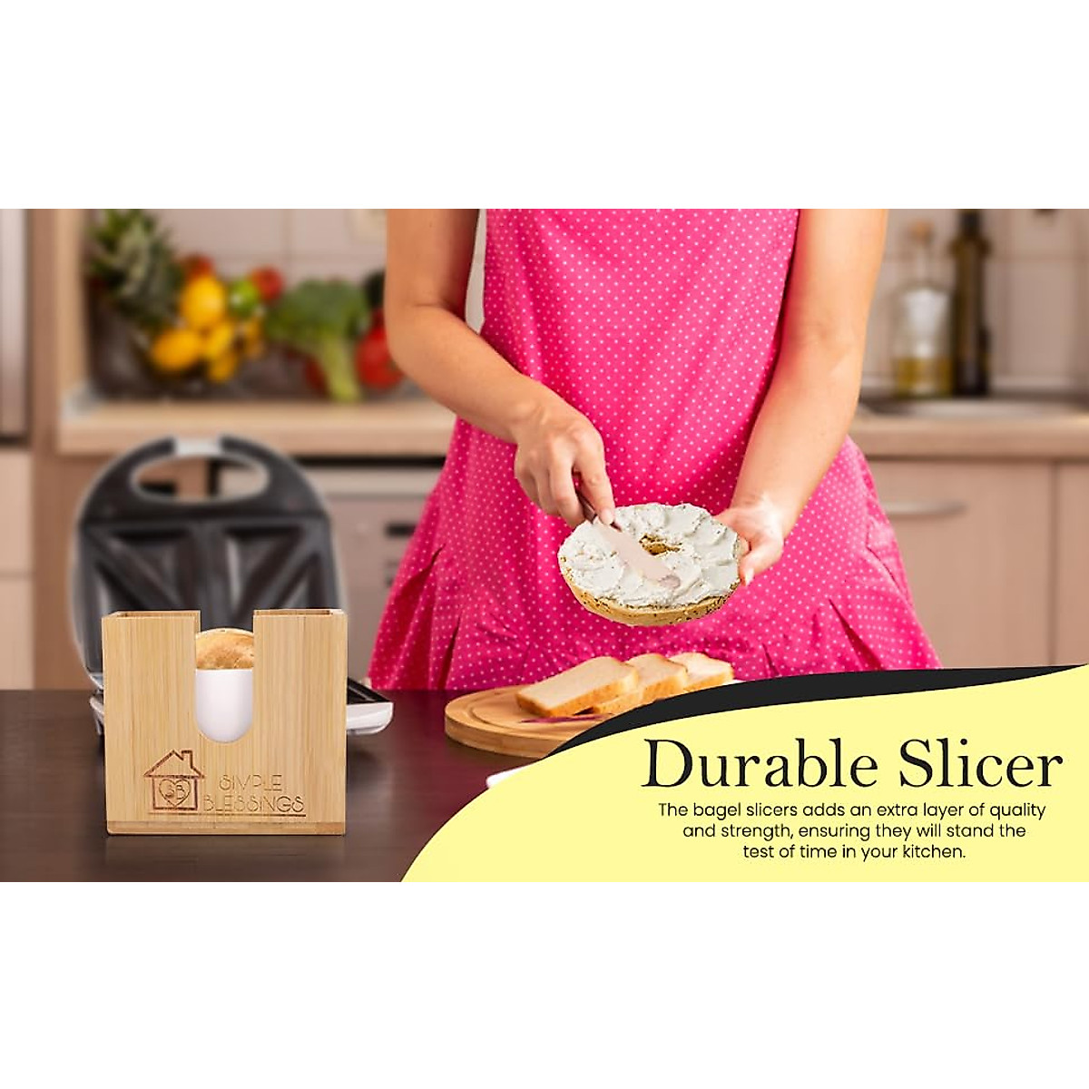 Bagel Slicer for Small and Large Bagels - Bamboo Bread Slicer w/Two Plastic Inserts & Non-Slip Silicone Pad - Adjustable Bagel Cutter Slicer - Moisture Resistant & Thick Base Bagel Holder for Slicing