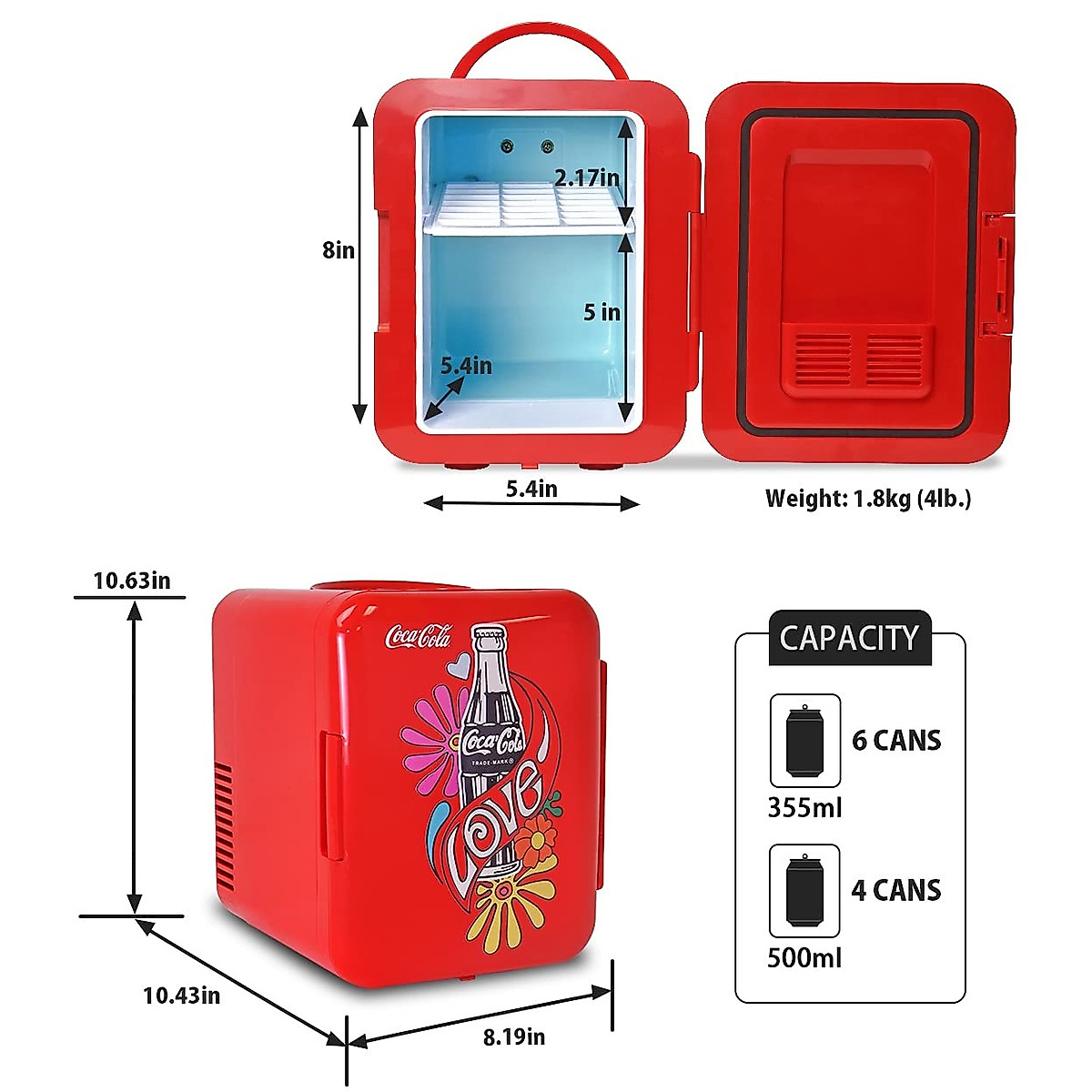 Coca Cola Love 1971 Series Portable 6 Can Thermoelectric Mini Fridge Cooler/Warmer, 4 L/4.2 Quarts Capacity, 12V DC/110V AC for home, dorm, car, Bedroom beverages, snacks, skincare, cosmetics
