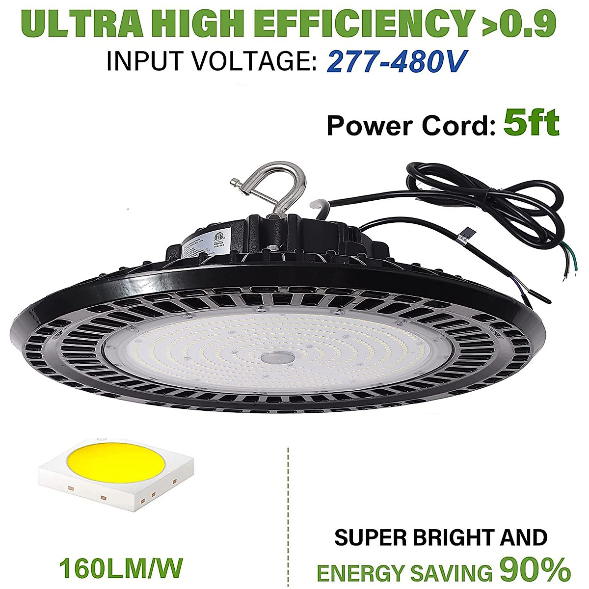 480V 150W UFO LED High Bay Lights, 24000LM, 0-10V Dimmable, 500W HID/HPS Replacement, 5ft Cable, IP65, Hook Mount, Shop Lights, Garage, Factory, Warehouse, Workshop, Area Light
