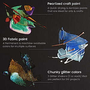 Arteza Acrylic Pouring Paint Kit, 36 Pieces, Bright and Iridescent Pouring Paint, Pearlized Paint, 3D Fabric Paint, Chunky Glitter, Wood Slices, Canvases, and Foam Brushes, Art Supplies for Painters