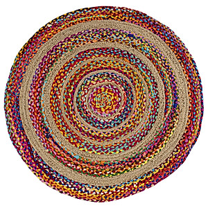 Eyely FNR105A-6R ANSA Collection Isla Round Boho Braided Rag & Jute Indoor Area Rug Geometric, Bohemian, Casual, Bedroom, Kitchen, Living Room, Easy-Cleaning, Non-Shedding, Multi/Natural, 6' Round