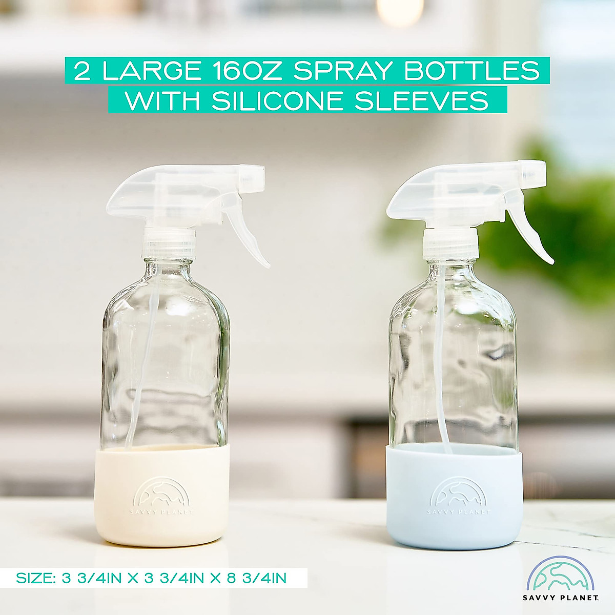 SAVVY PLANET - Glass Spray Bottles for Cleaning, Silicone Sleeve Bottom for Protection, Reusable Glass Spray Bottles 16 Oz With Adjustable Nozzle Settings (2 Pack)