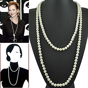 TUOKAY 1920s Pearls Beads Necklace for Women Pearls Strands, Fashion Imitation Faux Pearls Long Necklace Vintage Costume Jewelry Necklace 55 in. Diameter of Pearl 0.32 in. (Ivory)