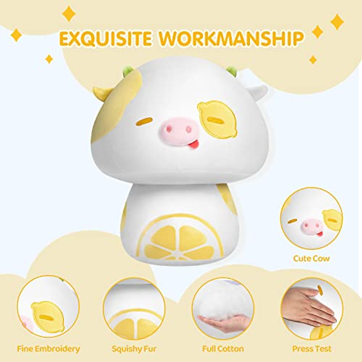 Mewaii 14 Inch Mushroom Plush, Cute Lemon Cow Plush Pillow Soft Plushies Squishy Throw Pillow, Kawaii Lemon Cow Stuffed Animals Kawaii Plush Toys Decoration Gift for Girls Boys