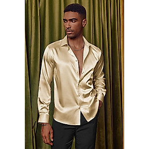 PJ PAUL JONES Men's Gold Silk Satin Dress Shirts Button Down Shiny Date Night Prom Wedding Shirt with Bow Tie M