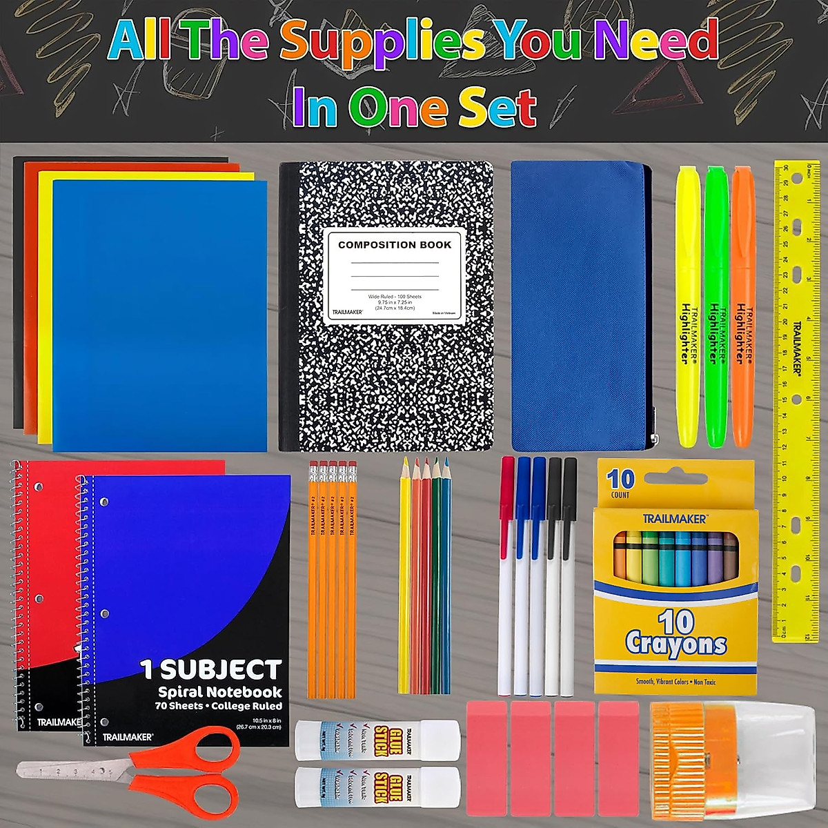 Trail maker Bulk Elementary School Supply Kits, 12 Packs of 45 Piece Wholesale School Supplies for Kids Includes Folders Notebooks Pencils Pens and Much More!
