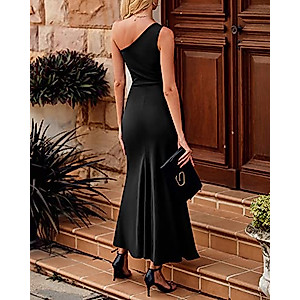 BTFBM Women One Shoulder Dresses Sleeveless Cocktail Bodycon Mermaid Ruffle Side Split Formal Party Long Evening Dress(Solid Black, Small)