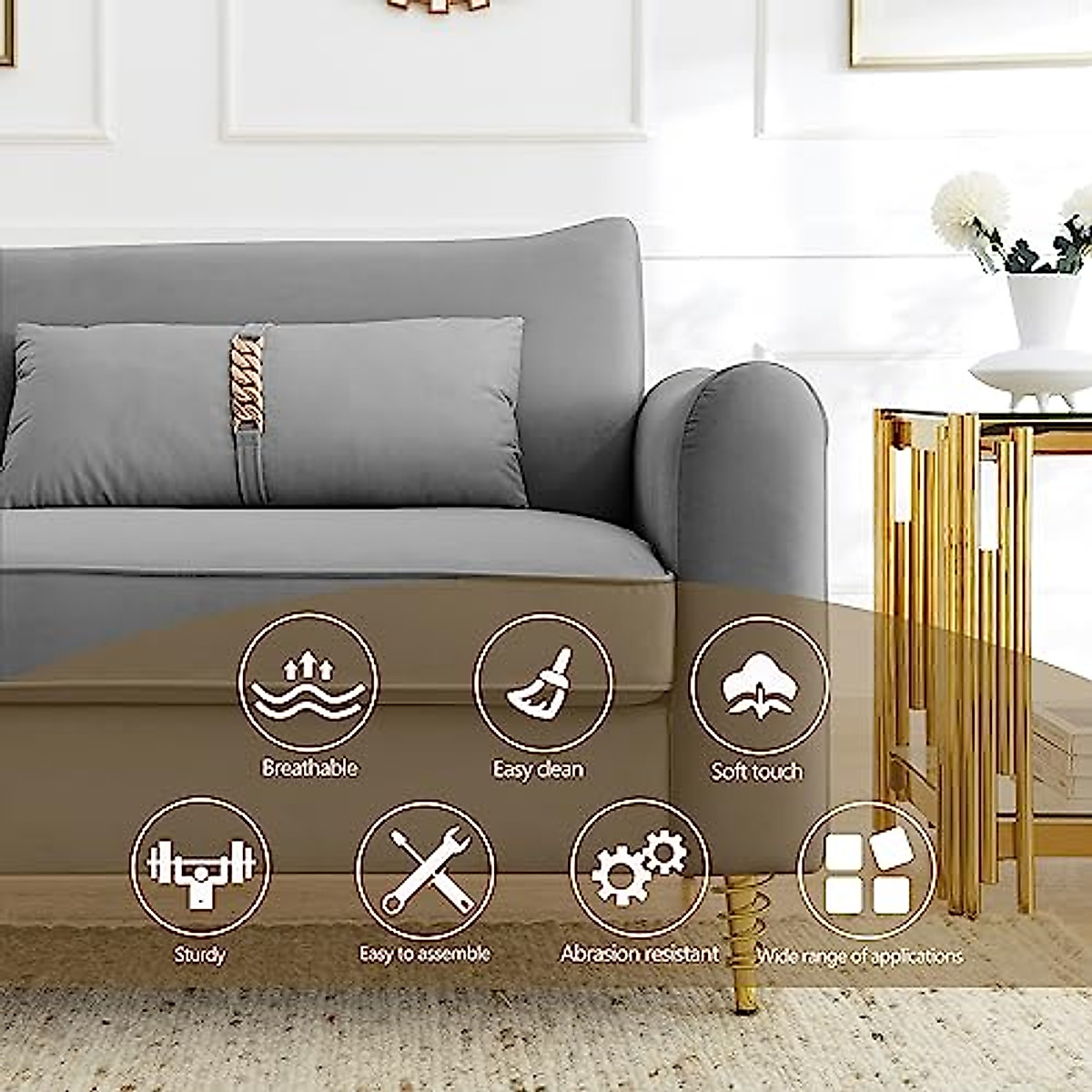 Goohome Tufted Couch, Chesterfield Velvet Upholstered 3-Seater Comfy Sofa, Living Room Furniture Sets, with Solid Wood Frame and Gold Legs, Fit for Bedroom, Office, A-Gray a