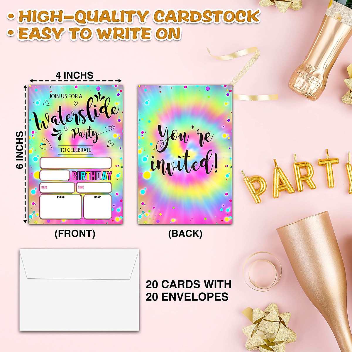 Chuxvon Waterslide Birthday Party Invitations, Summer Pool Birthday Invitation, Double-Sided Tie Dye Themed Fill In Invites, Kids Splash Birthday Party Decorations, 20 Cards With 20 Envelopes(C04)