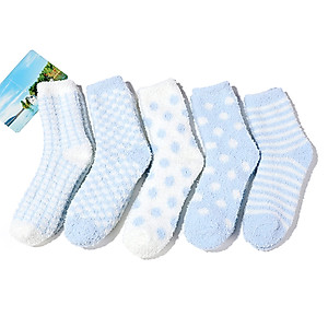 Zando Womens Fuzzy Socks for Girl Winter Socks Thick Warm Socks Fluffy Home Fuzzy Slipper Socks House Slipper Socks Bulk Cozy Comfy Plush Socks Sleeping Christmas Socks 5 Pairs Blue White Series