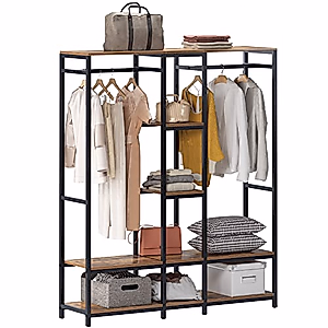 DlandHome Free Standing Closet Organizer, Heavy Duty Garment Rack with Storage Shelves Wardrobe Closet Storage with Shelves with 2 Rods Large Clothing Rack for Hallway, Bedroom