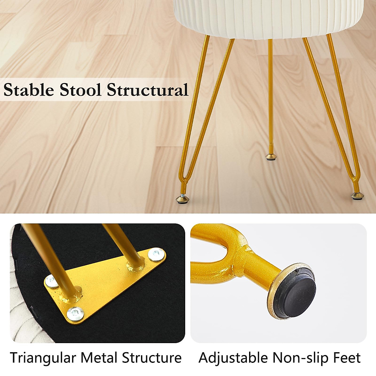 ALeesing Velvet Vanity Stool Chair, Round Makeup Vanity Chair with Adjustable Metal Legs & Soft Padded Seat, Ottoman Foot Stool for Bedroom, Living Room, Entryway