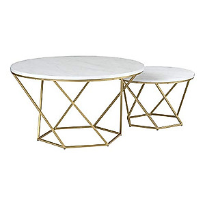 Walker Edison Modern Round Nesting Coffee Table Living Room Accent Ottoman Storage Shelf, Set Of 2, Marble and Gold