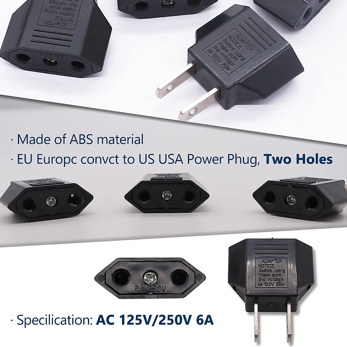 TWTADE 6pcs EU to US Plug Adapter Europe to USA Travel Small Power Plug 6A 125V/250V Adapter Converter (Black) I-021