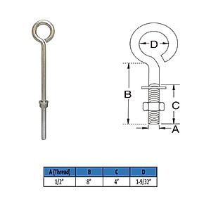 1/2" x 8" Stainless Steel Forge Style Marine Wire Turned Eye Bolt Nut Washers 250 Lb