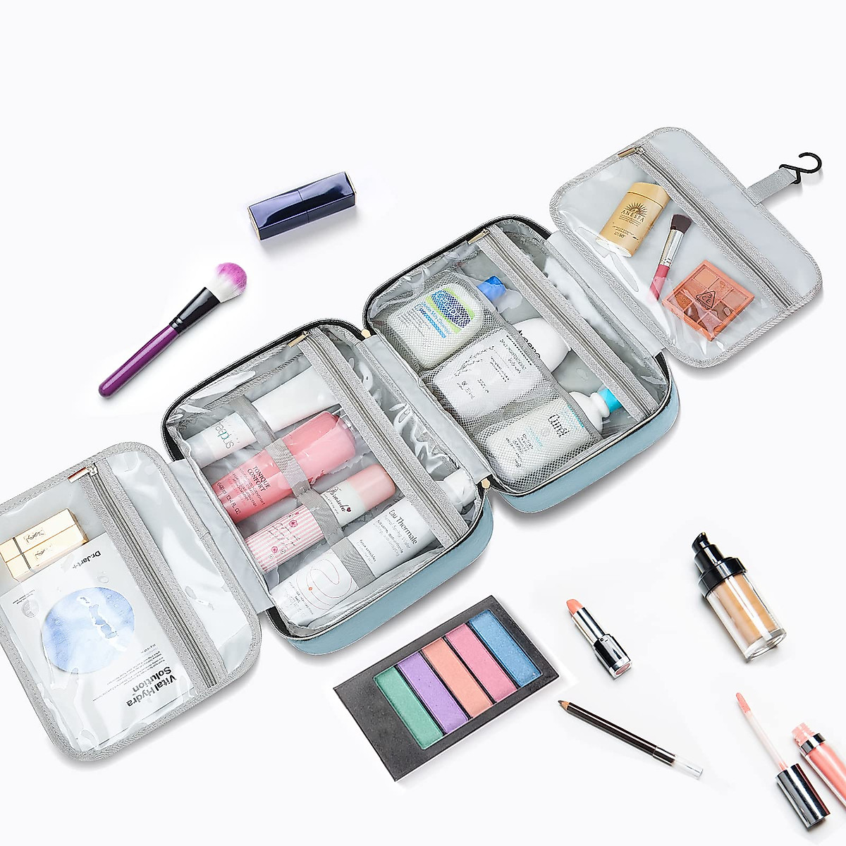 Yuan & Chuang Hanging Travel Toiletry Bag for Women Foldable Hygiene Bag, Large Capacity Waterproof Cosmetic Travel Bag with 4 Compartments & 1 Sturdy Hook,Travel Essentials Organizer(blue)