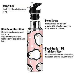 Cute Animal Penguin Kids Water Bottle Thermos with Straw School Vacuum Insulated Stainless Steel Thermos Bottle Cup Leakproof Sport Travel Cup Mug Handle for Girls Women Biking 20 OZ
