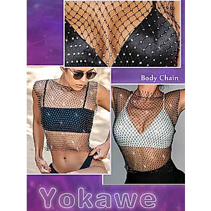 Yokawe Mesh Crystal Body Chain Black Rhinestone Fishnet Tank Tops See Through Bikini Party Body Accessories Jewelry for Women (Black)