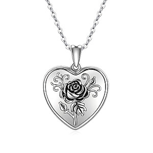Cuoka Heart Rose Flower Locket Necklace 925 Sterling Silver Rose Pendant Necklace That Holds Pictures,Custom Photo Box Necklace Jewelry for Women Men
