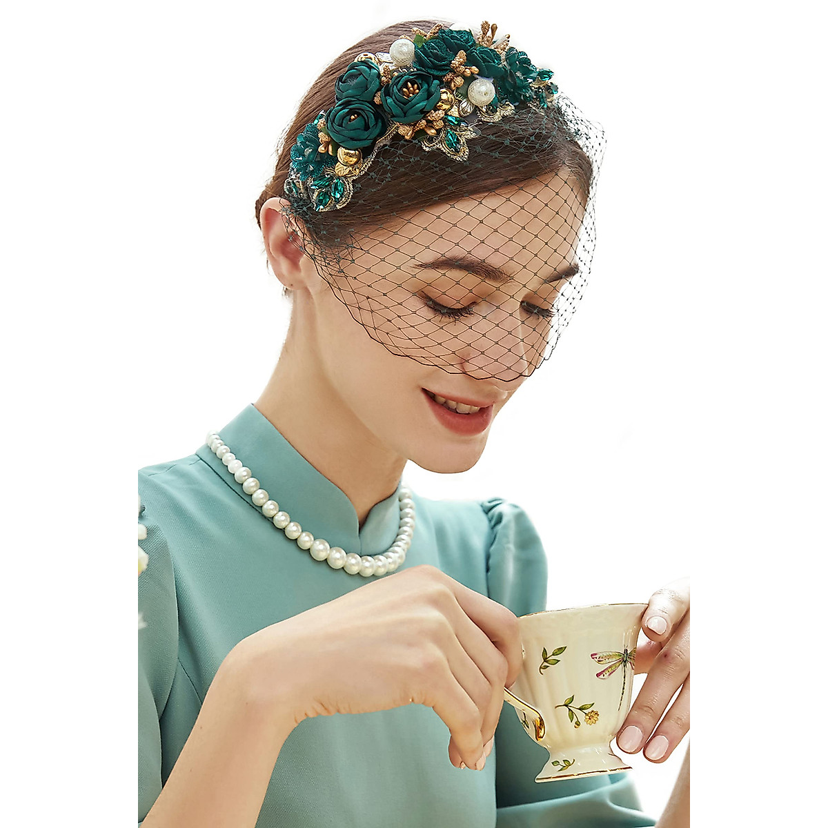BABEYOND 1920s Fascinator Mesh Flower Pearl Veil Headband Bridal Wedding Tea Party Fascinator Veil for Women