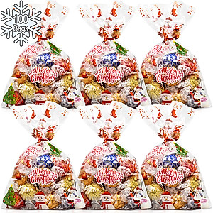 AnapoliZ Christmas Treat Bags | 100 pcs (6” x 9” Inch) | 2.5 Mil Crystal Clear Cellophane Bags with Merry Christmas Designs | Santa, Snowman Cello Bags | Christmas Party Decorations | Xmas Treat Bags